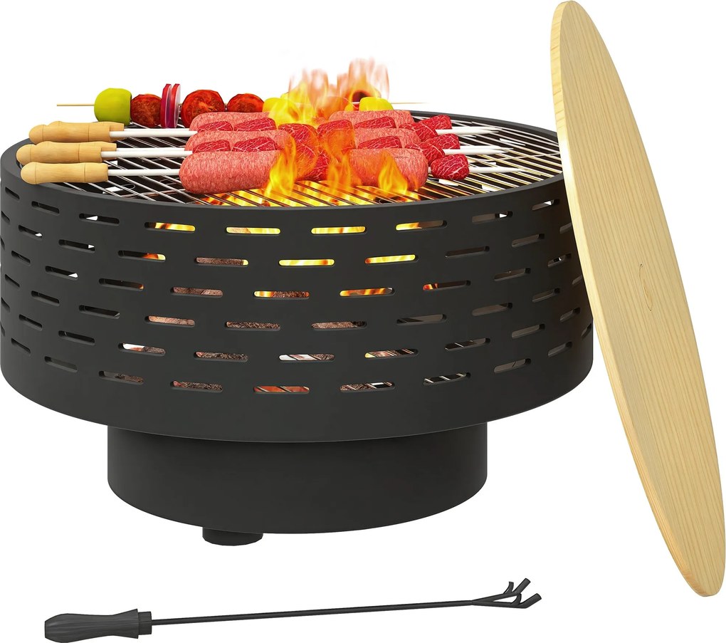 Outsunny 3v1 ohniště Ø60 x 39cm z nerezové oceli s grilovací mřížkou, pohrabáčem a jiskřicí pro zahradní, balkonovou terasu a venkovní BBQ kempování |
