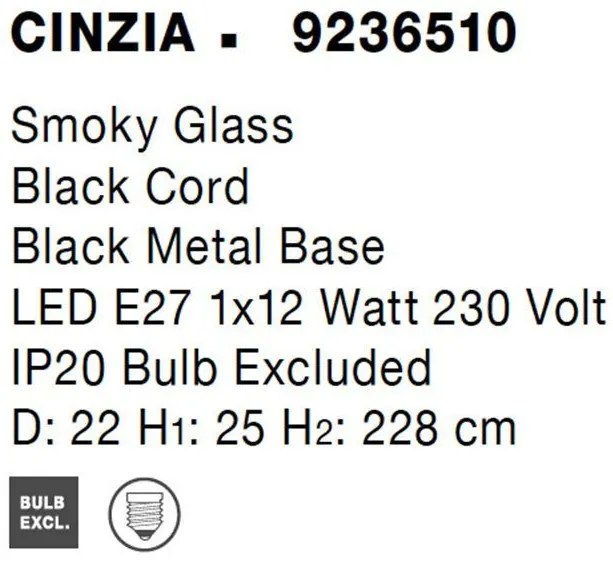 Nova Luce Závěsné svítidlo CINZIA kouřové sklo černý kabel černá kovová základna E27 1x12W