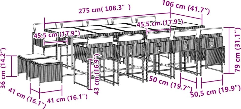 15dílný zahradní jídelní set s poduškami černý polyratan 3211359