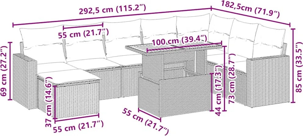 9dílná zahradní sedací souprava s poduškami béžová polyratan 3271450