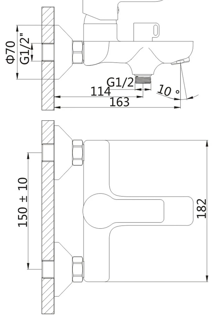 Bruckner, BARON nástěnná vanová baterie, rozteč 150mm, chrom (otočný přepínač), 612.010.1