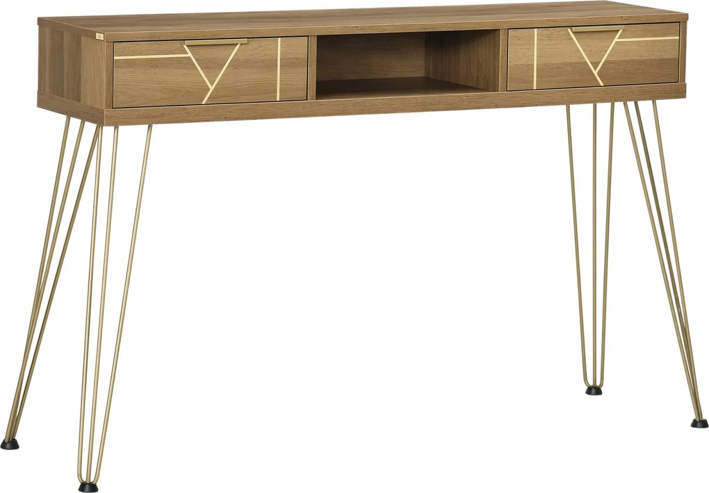 Konzolový stolek HOMCOM s 2 zásuvkami, otevřenou policí a ocelovými nohami pro obývací pokoj a předsíň, moderní styl 120x29x79 cm, bronzový | Aosom
