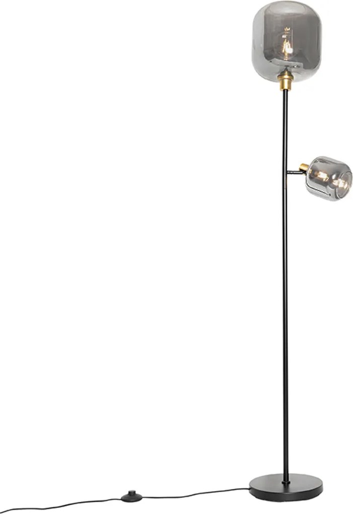 Stojací lampa černá se zlatem a kouřovým sklem 2-světlo - Zuzanna