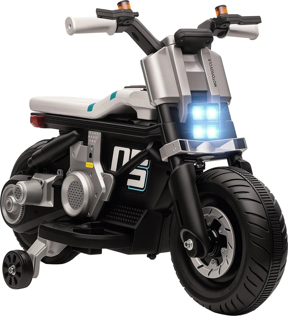 Dětská elektrická motorka HOMCOM 6V s baterií, světly, melodií a houkačkou, rychlost 3 km/h, s možností jízdy vpřed i vzad a stabilizačními kolečky pr