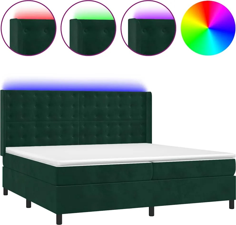 Box spring postel s matrací a LED tmavě zelená 200x200 cm samet 3139826