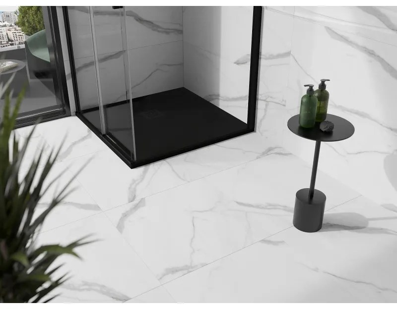 Mexen Stone+, čtvercová vanička z minerálního kompozitu 100 x 100 cm, černá, černá krytka, 44701010-B