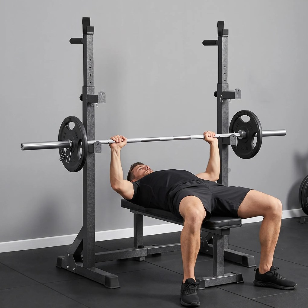 SPORTNOW Multifunkční opora pro činky s nastavitelné šířkou a výškou - Svalový stojan se ocelovou konstrukcí, nosnost 150 kg pro domácí trénink