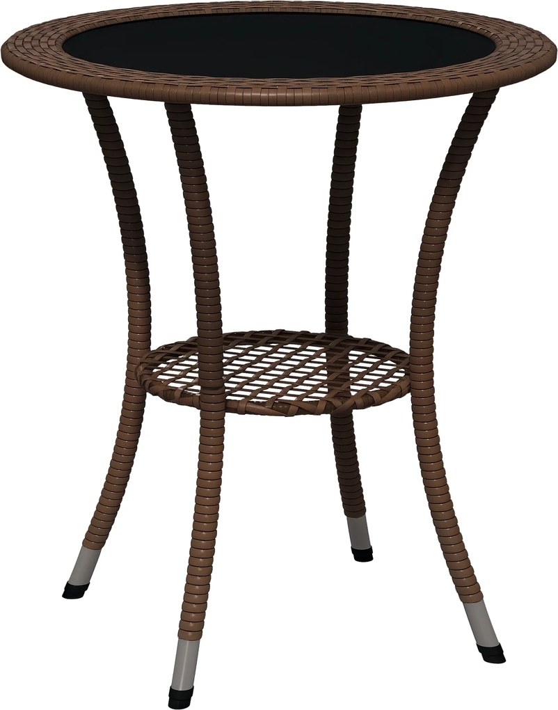 Outsunny Kulatý Ratanový Stůl Ø64x71 cm Zahradní Stůl se Pultem, Ocelová Rám a Skleněná Deska, Nosnost 50 kg pro Terasu a Patio Hnědá | Aosom