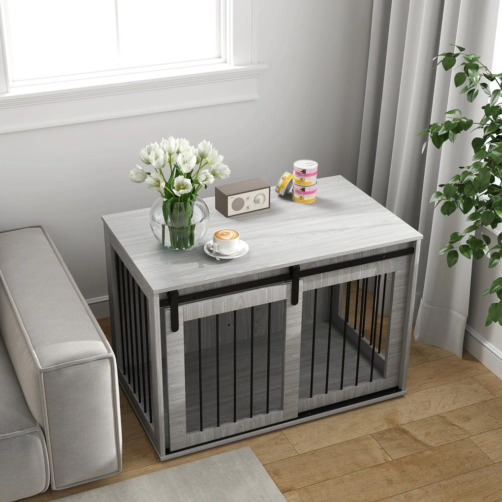 Domácí klec pro psy PawHut, uzamykatelná bouda pro psy s vchodem, box pro psy s posuvnými dveřmi, bouda pro velké psy do 30 kg, šedá, 98 x 58 x 61 cm