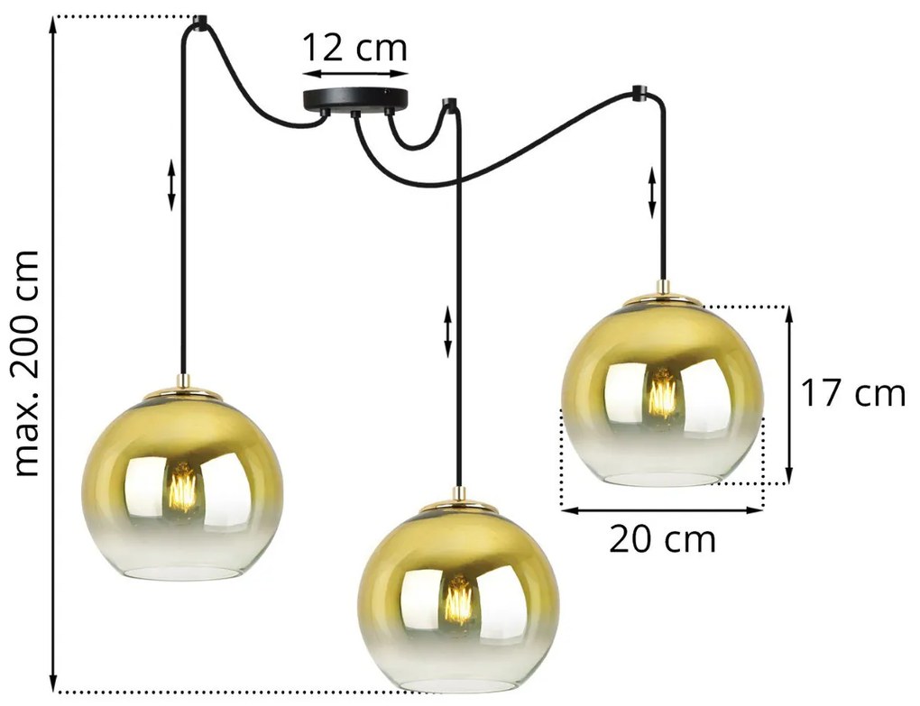 Závěsné svítidlo BERGEN GOLD SPIDER, 3x zlaté/transparentní skleněné stínítko (fi 20cm)