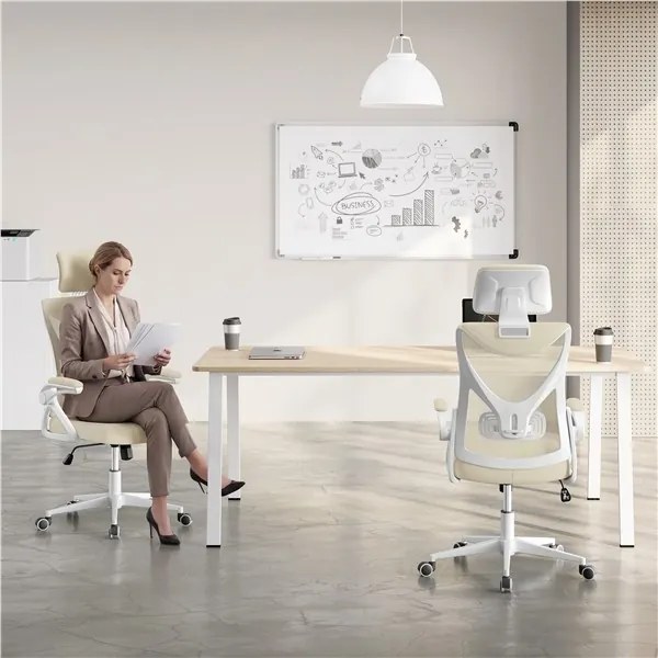 Kancelářská židle Yaheetech – béžová, 70 cm (délka) × 70 cm (šířka) × 121,5 cm – 131,5 cm (výška), polyesterová tkanina piké (267591701991)