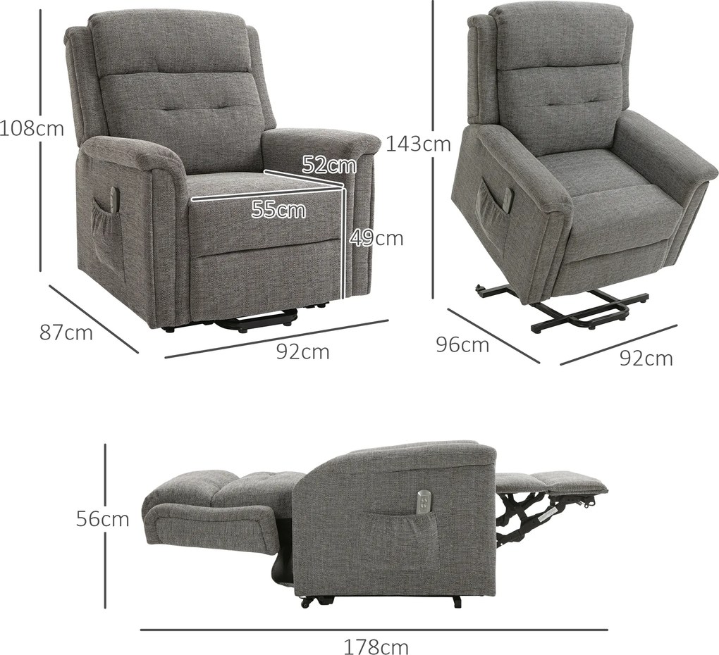 HOMCOM elektrické křeslo stojící, nosnost do 170 kg, TV křeslo, polohovací křeslo, křeslo pro seniory, šedé 89x96x108cm| Aosom