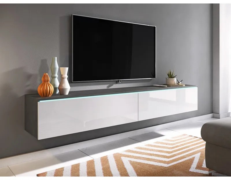 TV stolek Dlone 180, Barva: Beton + Bílý lesk, Osvětlení: osvětlení LED - bílé