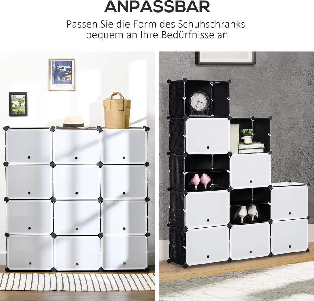 HOMCOM Botník Úložný box s 12 kostkami DIY zásuvný regál s dvířky Plastová ocel Černá+bílá 125 x 32 x 125 cm | Aosom