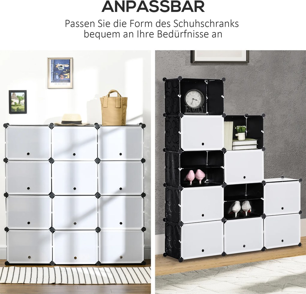 HOMCOM Botník Úložný box s 12 kostkami DIY zásuvný regál s dvířky Plastová ocel Černá+bílá 125 x 32 x 125 cm