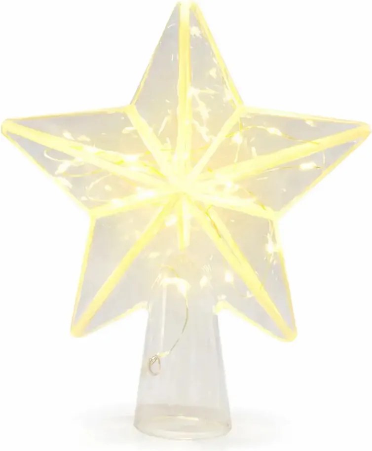 LED svítící hvězda na stromeček, 18 × 22 × 6,5 cm skleněná, teple bílá, 20 diod, 2× AAA