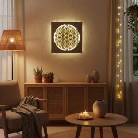 Dřevěná mandala Květ života s LED podsvícením obraz na zeď | SENTOP LED0168