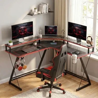 HOMCOM L-tvarovaný počítačový stůl se zásuvkami, 128 cm rohový stůl s držákem monitoru, háčkem na sluchátka a držákem nápojů