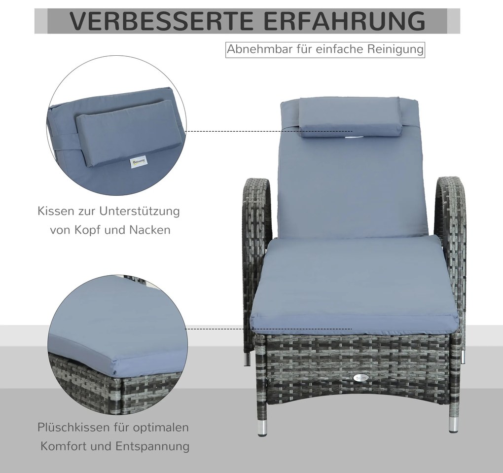 Zahradní nábytek Outsunny zahradní lehátko s poduškou, polyratan a kov, šedé, nastavitelné 200x73x30-103cm pro zahradu a terasu | Aosom.de
