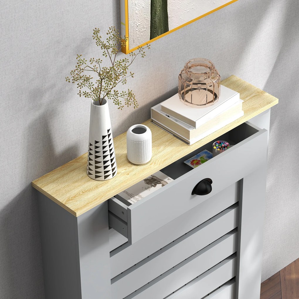 HOMCOM kryt radiátoru z MDF s lamelami, mřížkový kryt se zásuvkou, 78x19x95,5 cm, šedý
