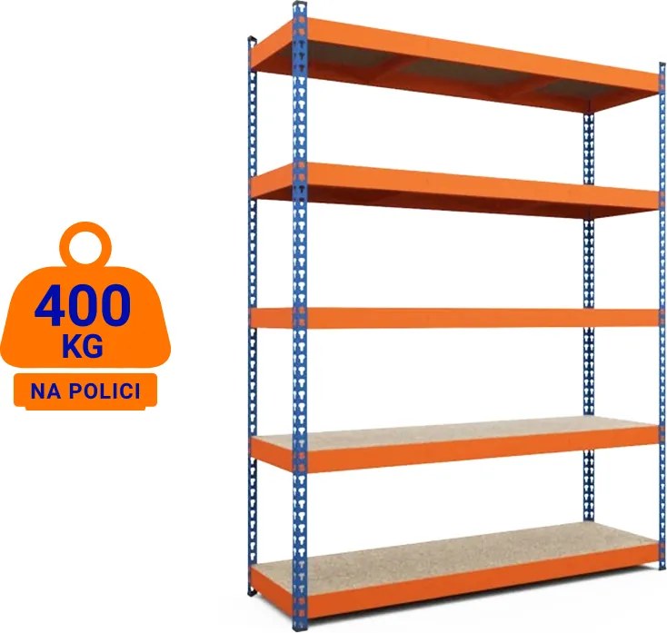 Fistar Regál 216x120x80 cm PROFESIONÁLNÍ lakovaný 5-policový, nosnost 2000 kg - MODRO-ORANŽOVÝ