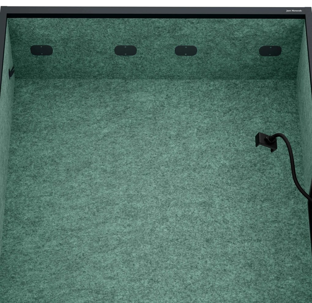 Kancelářská akustická kabina se sedátkem a USB-C portem, korpus antracitový / sedák zelený, 1150 mm: SALLY MentalBox