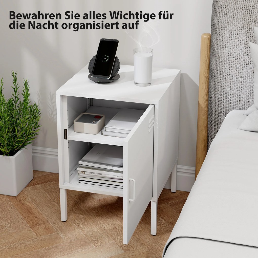HOMCOM Noční stolek z oceli, odkládací stolek pro různé účely, nastavitelné police, do ložnice, obývacího pokoje, bílá