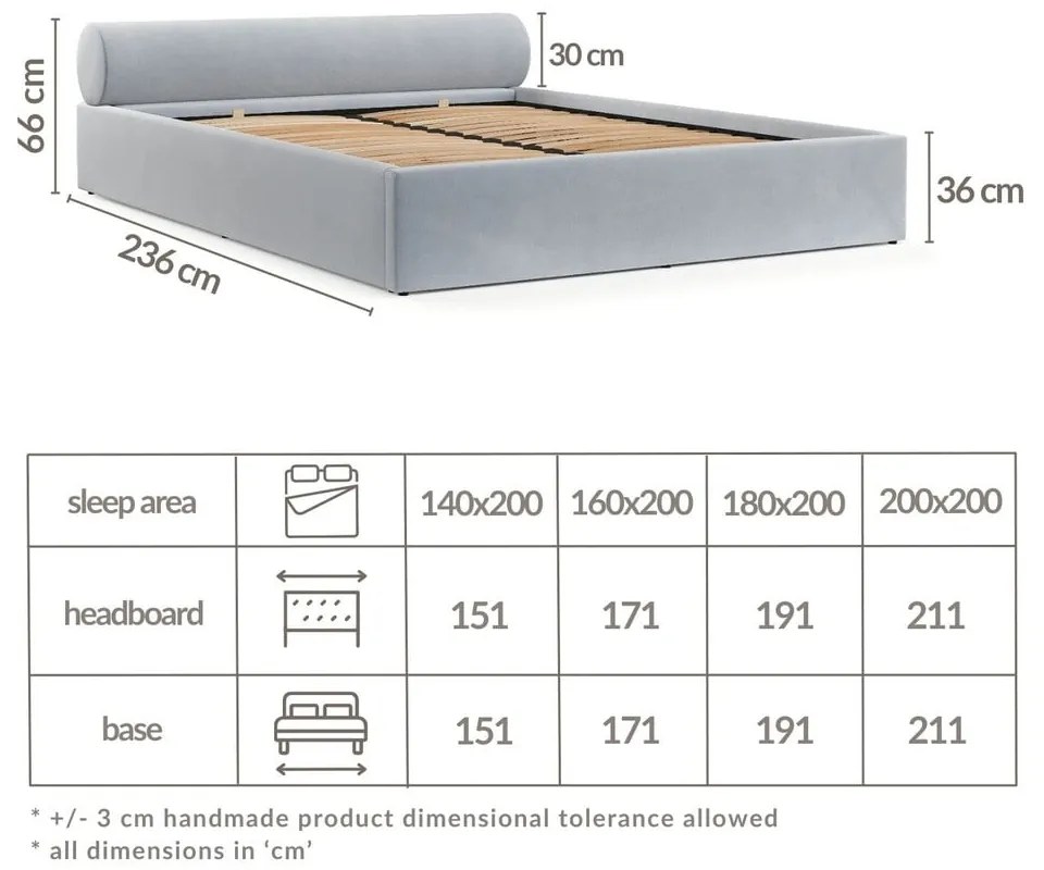 Světle šedá čalouněná dvoulůžková postel s úložným prostorem s roštem 160x200 cm Solvo – Maison de Rêve