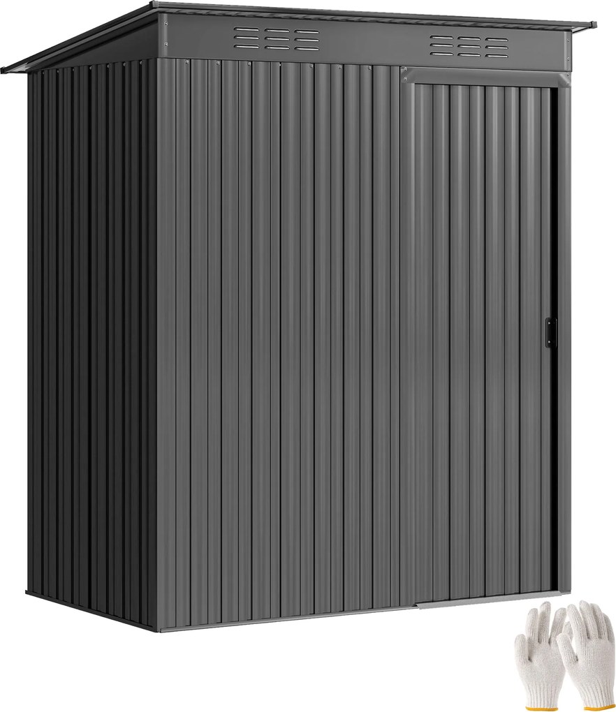 Outsunny kovová zahradní kůlna 1,37 m² — 159 x 106 x 181 cm, posuvné dveře, větrání, šikmá střecha, 2 páry rukavic, snadná montáž — tmavě šedá | Aosom
