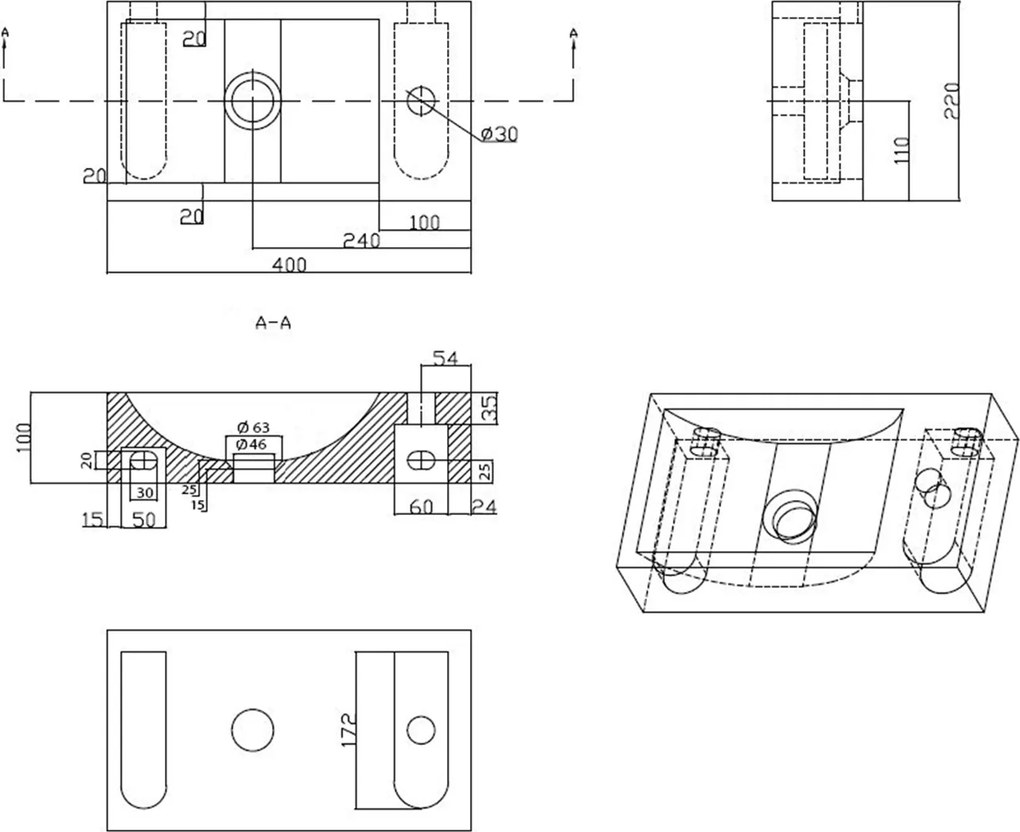 Sapho BLOK 40 x 10 x 22 cm 2401-28 umývátko otvor vpravo antracit