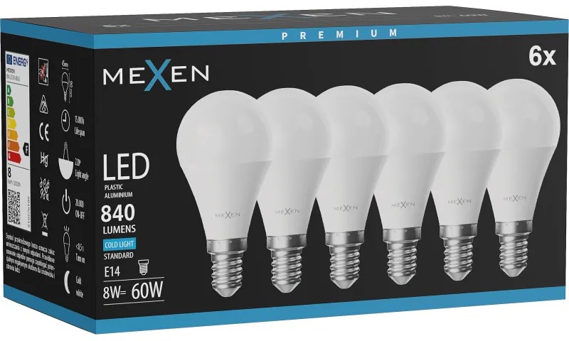 Mexen Nova 6x LED žárovka E14, G45, 8W, Studená - 6500K, 840 lm - L101-E14-0865-01x06