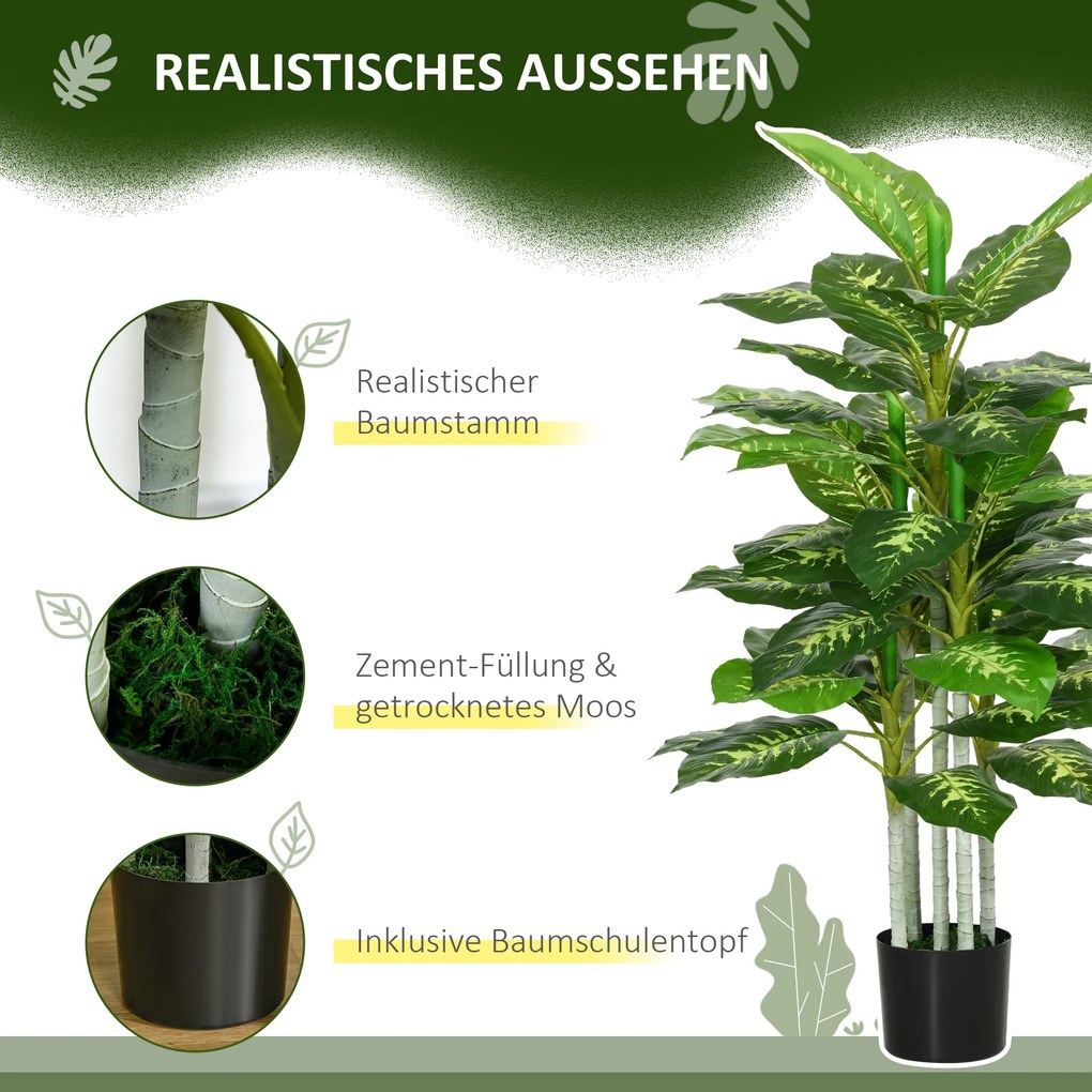 HOMCOM Umělá Dieffenbachia Velká 120 cm, Umělá Rostlina Dieffenbachia v Květináči, Umělé Stromy s Umělou Trávou pro Dekoraci Obývacího Pokoj a Ložnice