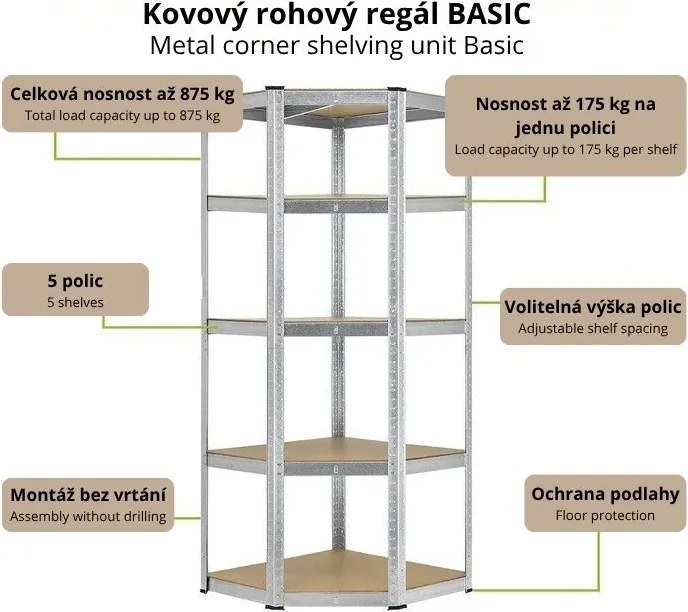 Rohový kovový regál 180 × 70 × 40 cm, 5 polic, variabilní