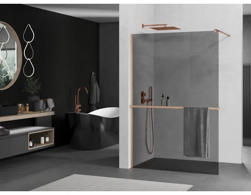 Mexen Kioto+, sprchová zástěna Walk-In s poličkou a věšákem 70 x 200 cm, 8mm šedé sklo, měděný matný profil, 800-070-121-65-40