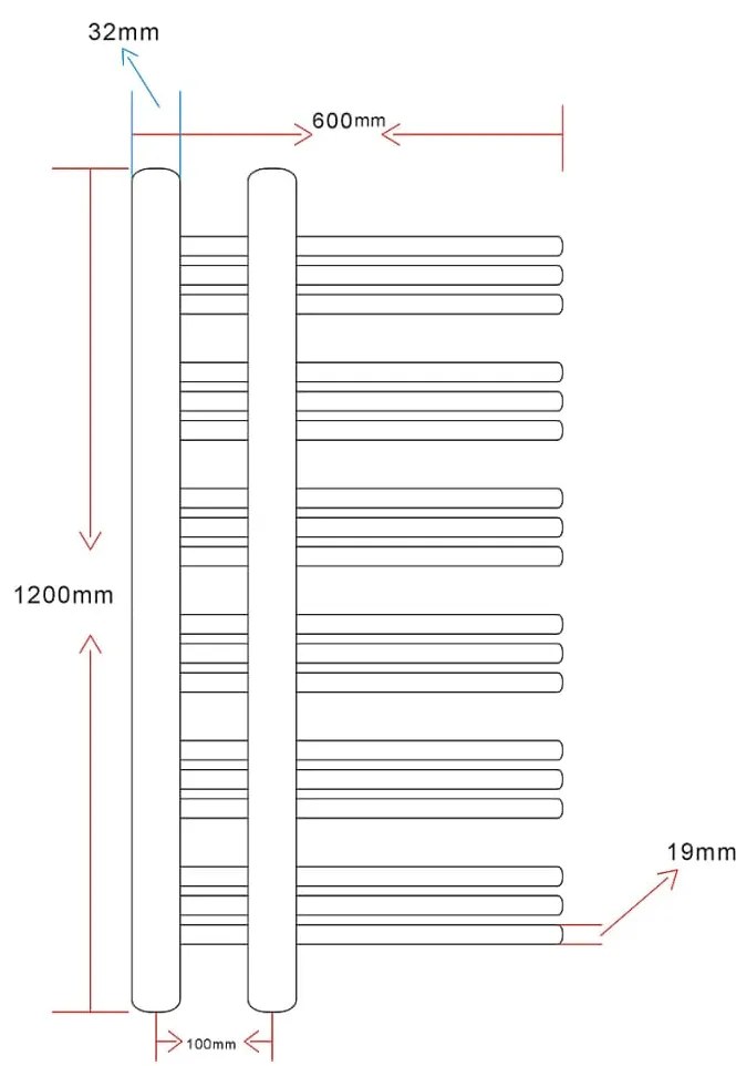vidaXL Žebříkový radiátor na ručníky, tvar E, ústřední topení 600 x 1200 mm