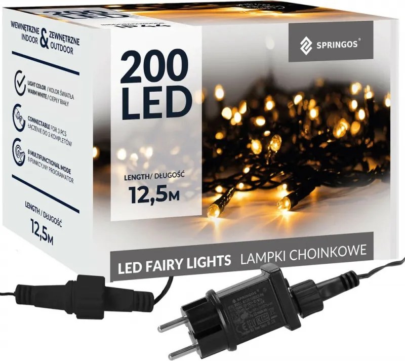 LED světelný řetěz - 12,5m, 200LED, 8 funkcí, paměť, IP44, teplá bílá