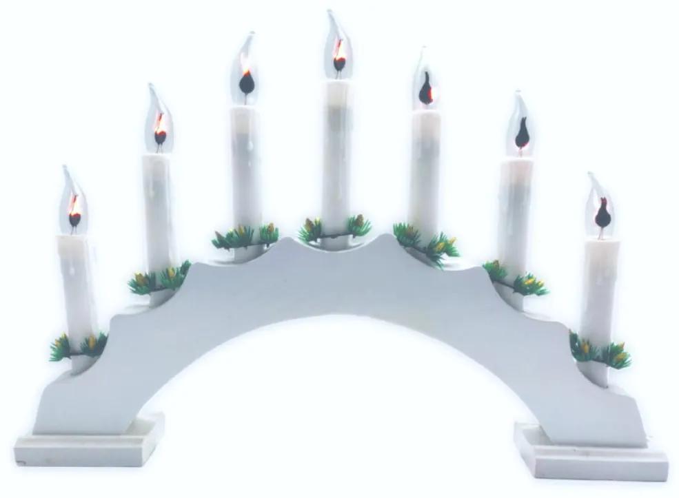 Vánoční dřevěný svícen ve tvaru oblouku, bílá, 7 svíček plamen, do zásuvky