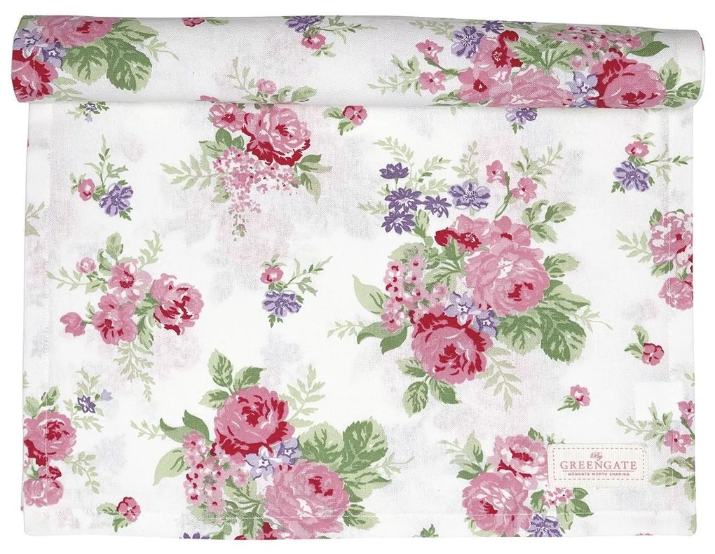 GREEN GATE Běhoun na stůl Rose White 140x45 cm, růžová barva, bílá barva, multi barva, textil