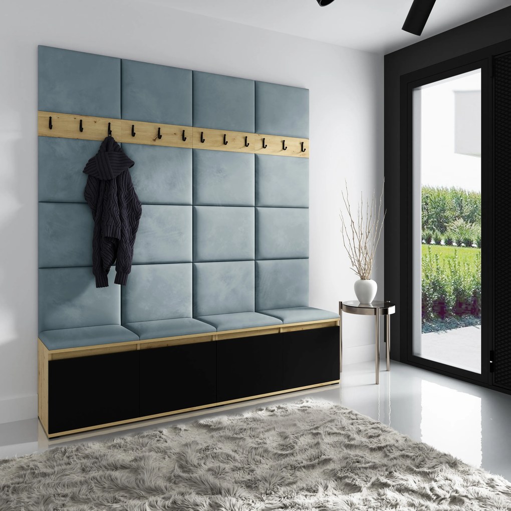 Eka Předsíňová stěna s čalouněnými panely Trinity 4 - Dub Artisan s černou / Světle modrá 2322