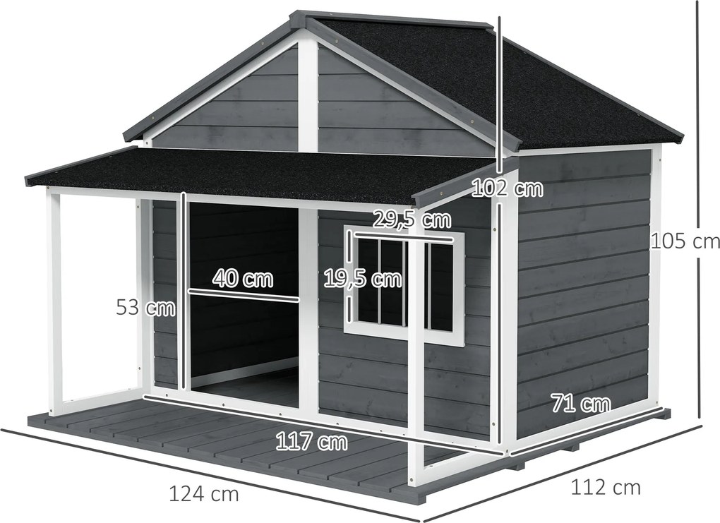 Dřevěná psí bouda PawHut s terasou a asfaltovou střechou – venkovní weatherproof úkryt pro malé zvíře, šedá, 124 x 112 x 105 cm
