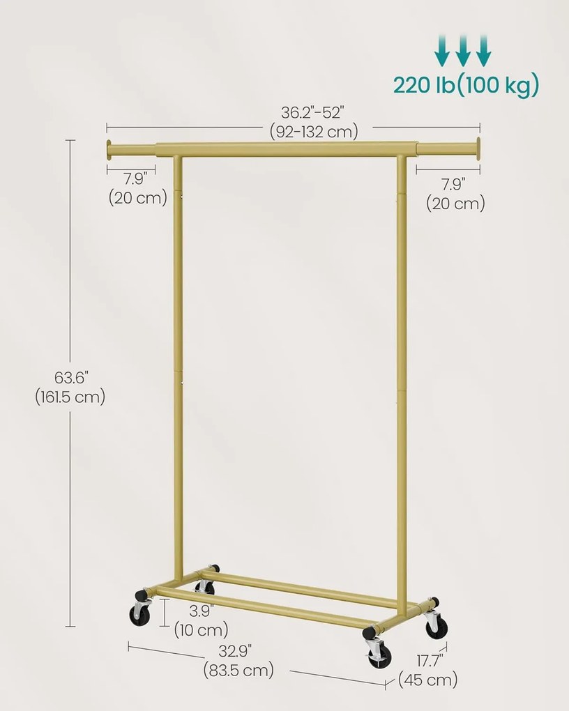 Kolečkový oděvní stojan, vysoká nosnost 100 kg, 45 x (92–132) x 161,5 cm, světlé zlato