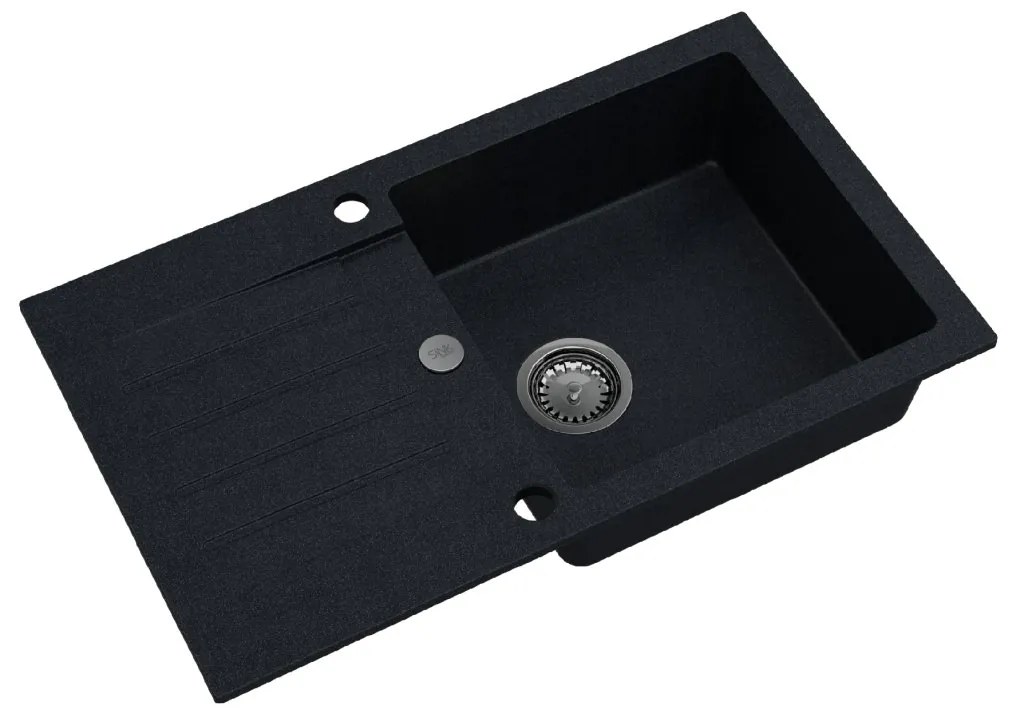 Sink Quality Natalie, kuchyňský granitový dřez 770x450x170 mm + chromový sifon, černá skvrnitá-BROCADE, SKQ-NAT.B.1KDO.X