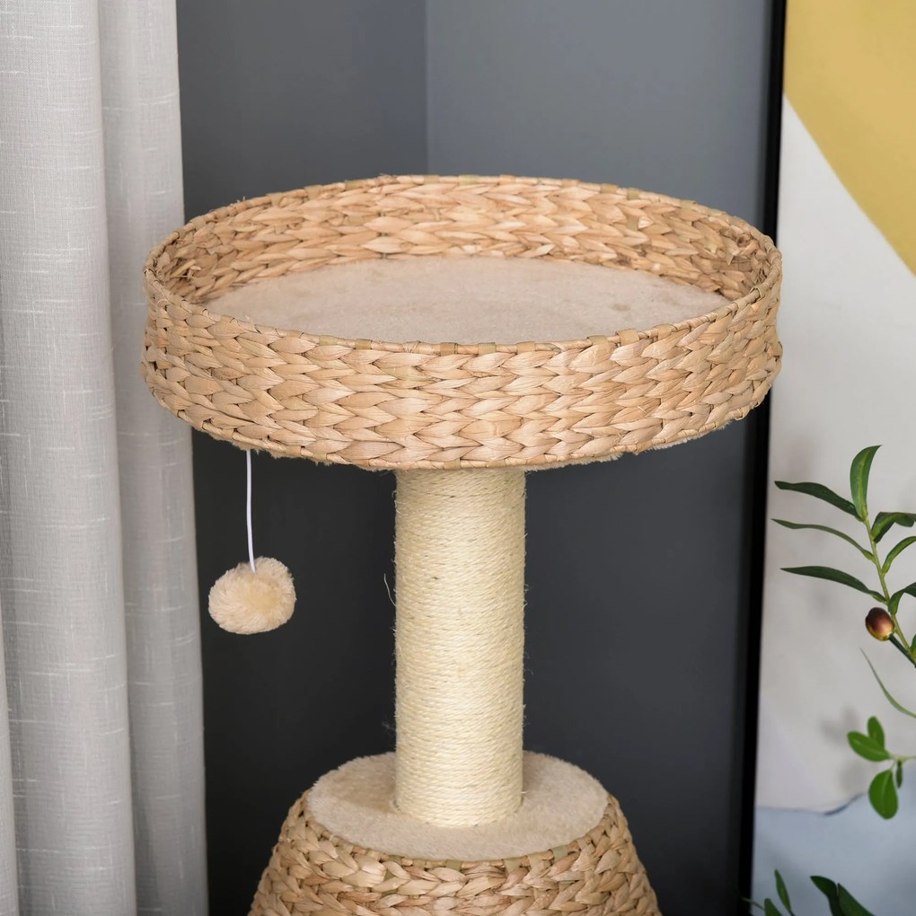 PawHut Kočičí strom s škrabadlem, nábytek pro koťata, s kočičí jeskyní, kuličkovým hračkem, sisal, měkký plush, výška 82,5 cm, žlutý