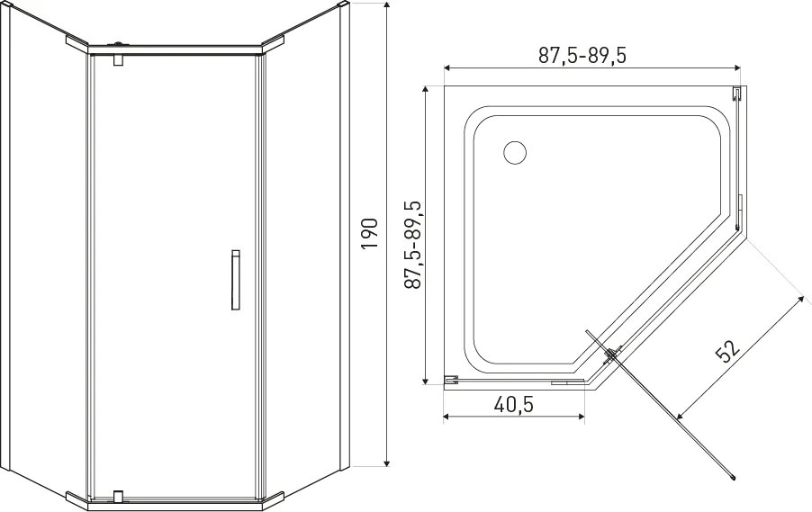 Novoterm Pětiúhelníkový sprchový kout NV-Metro 90x90, černý/transparent - bez vaničky