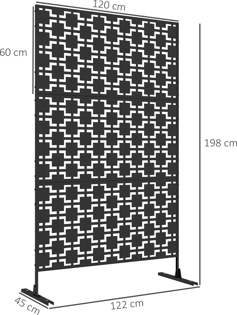 Dekorativní zahradní panel Outsunny - venkovní příčka s geometrickým kovovým designem - 122 x 45 x 198 cm, černý