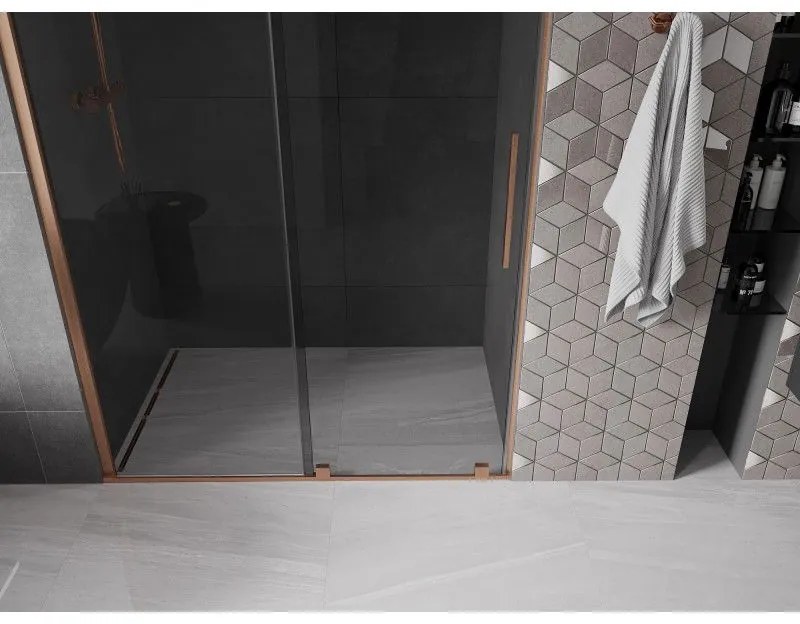 Mexen Velar, posuvné sprchové dveře do otvoru 130 cm, 8mm šedé sklo, měděná matná, 871-130-000-41-65