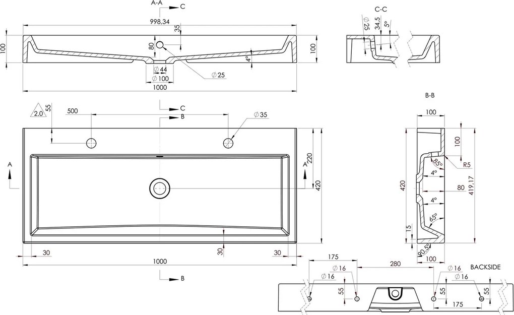 Sapho Orinoko OR101 umyvadlo 100 x 42 cm litý mramor