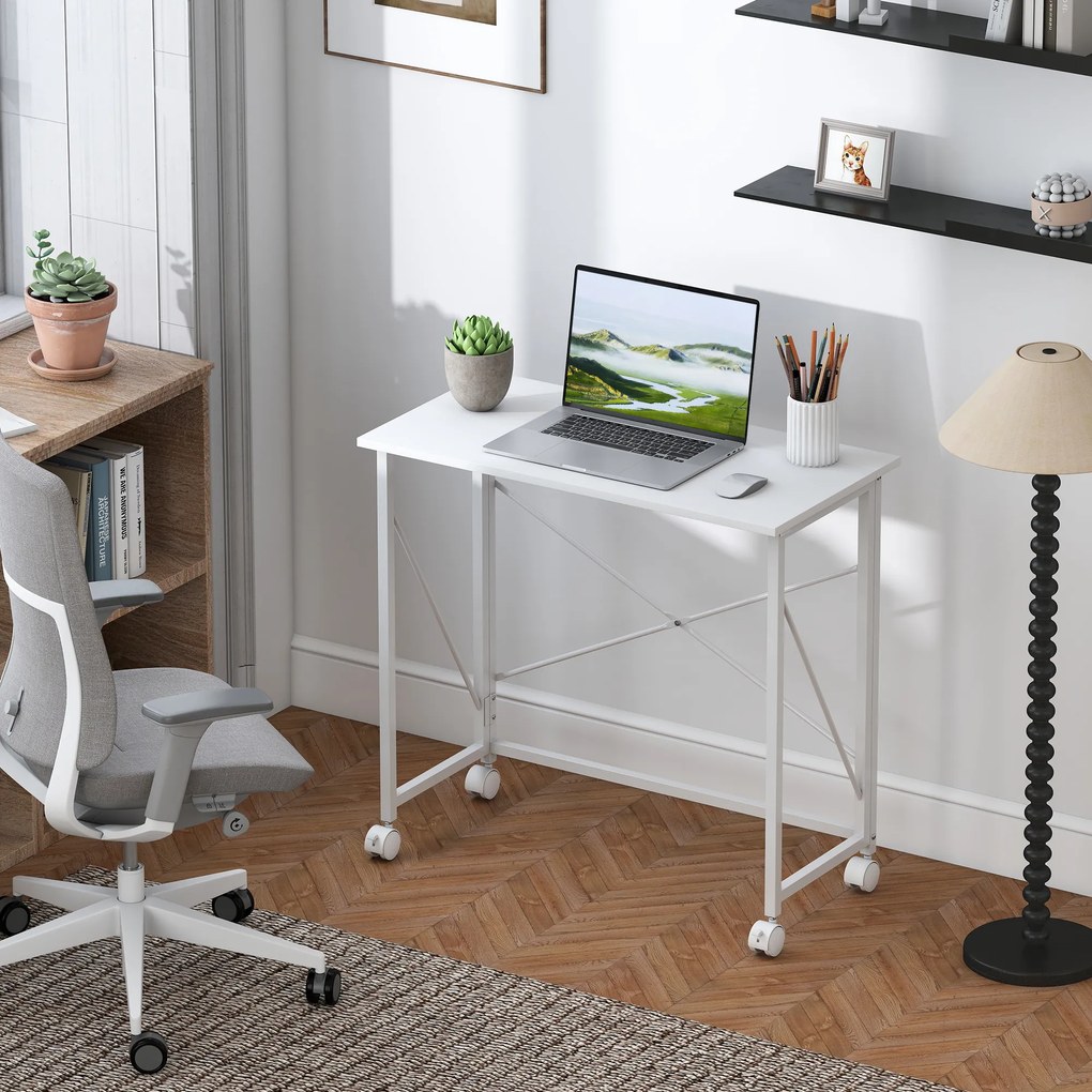 HOMCOM skládací počítačový stůl na kolečkách, 80 × 40 × 75 cm — bílý