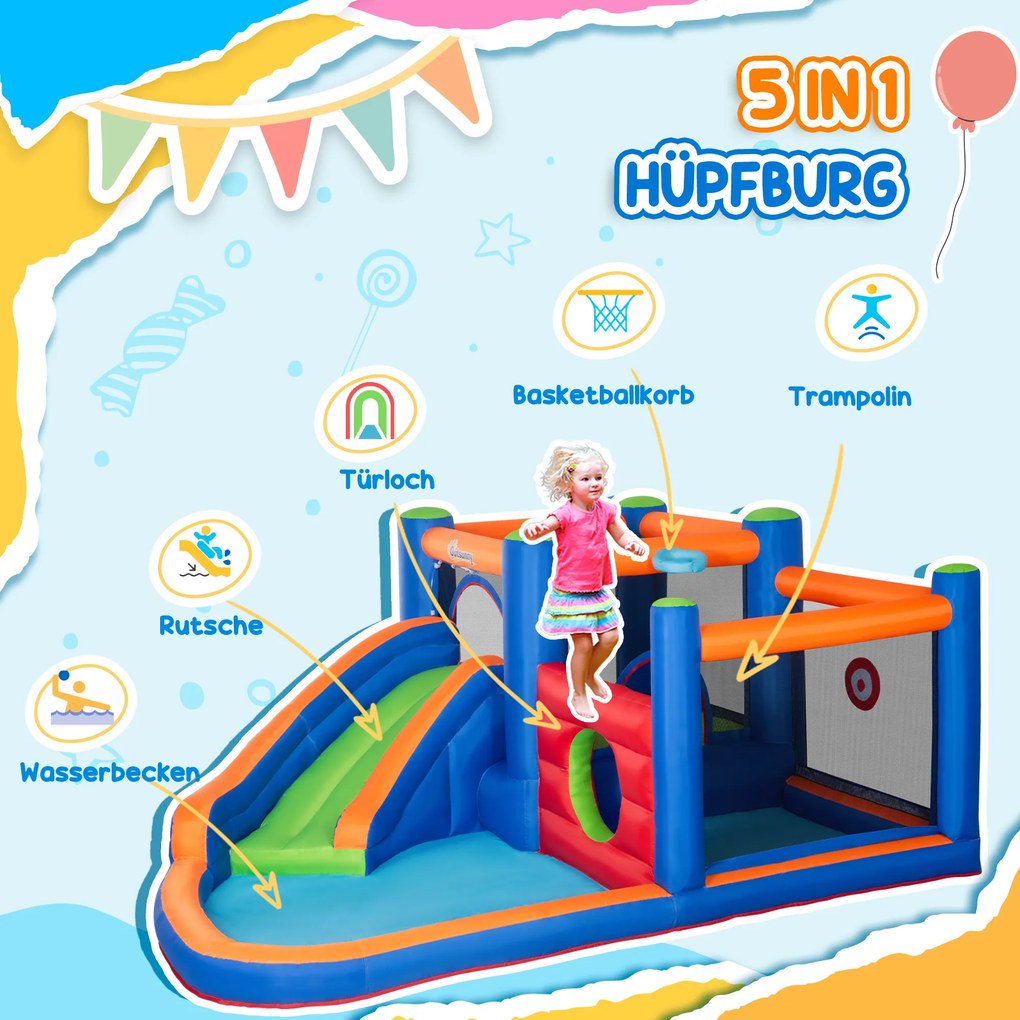 Nafukovací skákací hrad Outsunny, vodní park s nafukovačem, skluzavkou, basketbalovým košem, hrací centrum pro děti od 3 let, ideální na zahradu