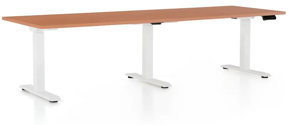 Výškově nastavitelný stůl OfficeTech Long, 240 x 80 cm, bílá podnož, třešeň